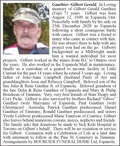 Obituary – Gauthier, Gilbert Gerald | Around and About