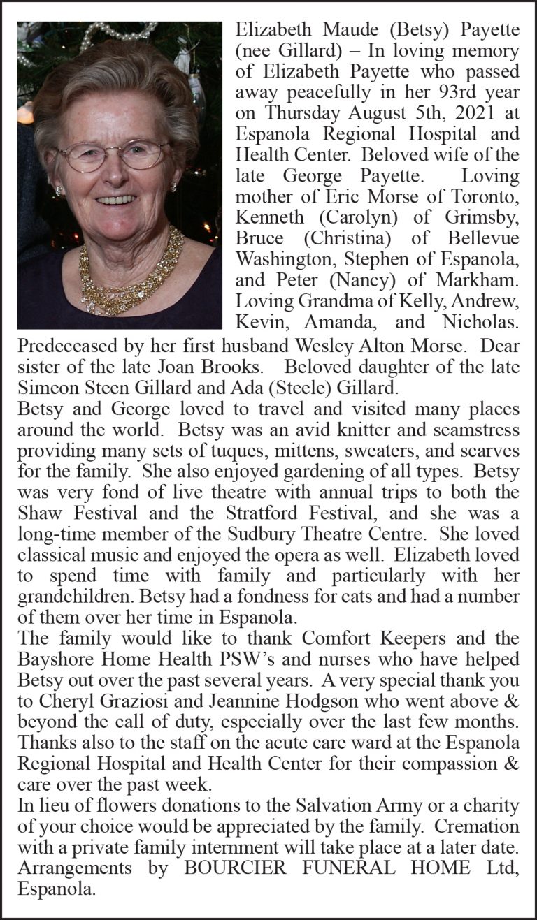 Obituary – Elizabeth Maude (Betsy) Payette (nee Gillard) | Around and About Obituary – Elizabeth Maude (Betsy) Payette (nee Gillard) | Around and About