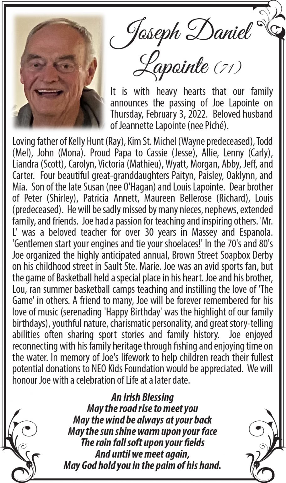 Obituary – Joseph Daniel Lapointe | Around and About
