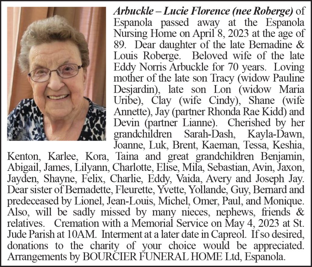 Obituary – Arbuckle, Lucie Florence (nee Roberge) | Around and About