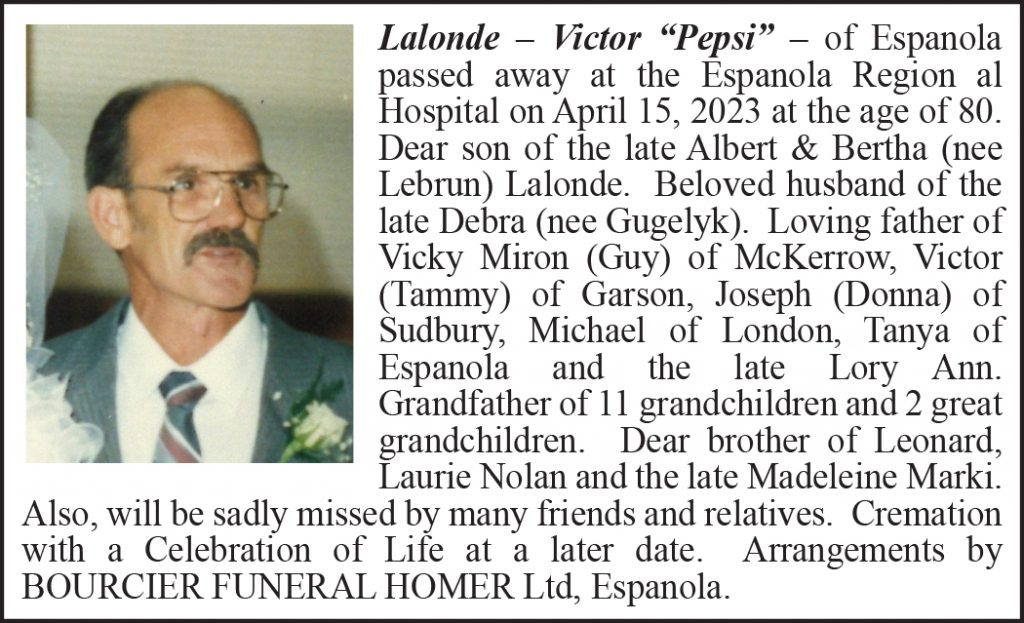 Obituary – Lalonde, Victor “Pepsi” | Around and About Obituary – Lalonde, Victor “Pepsi” | Around and About
