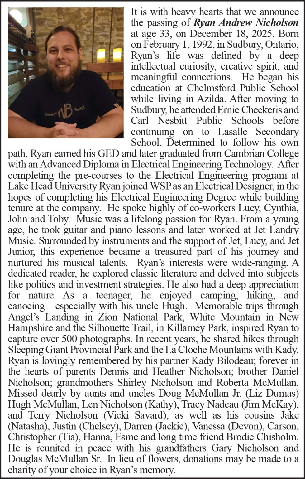 Obituary – Ryan Andrew Nicholson | Around and About